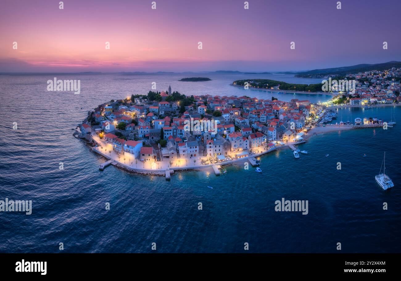 Aeriel view of old town with street lights on island at night Stock ...