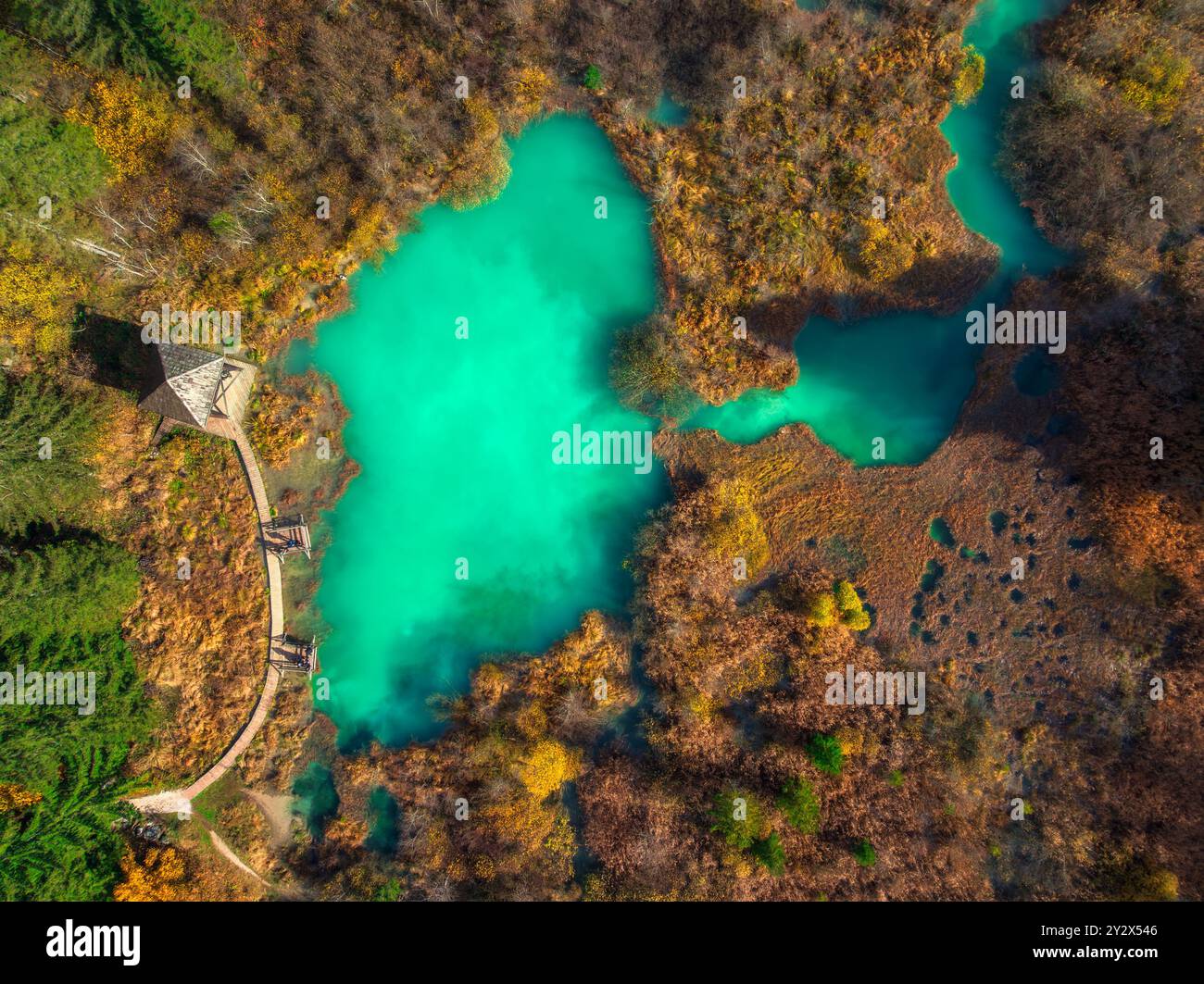 Aerial view of azure lake, mountain, orange forest in autumn Stock ...