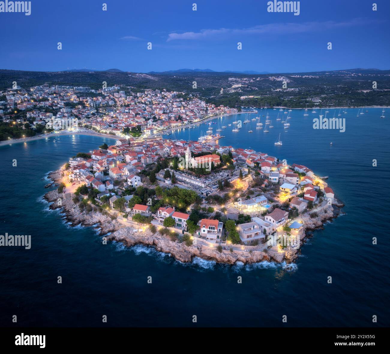 Aeriel view of old town with street lights on island at night Stock ...