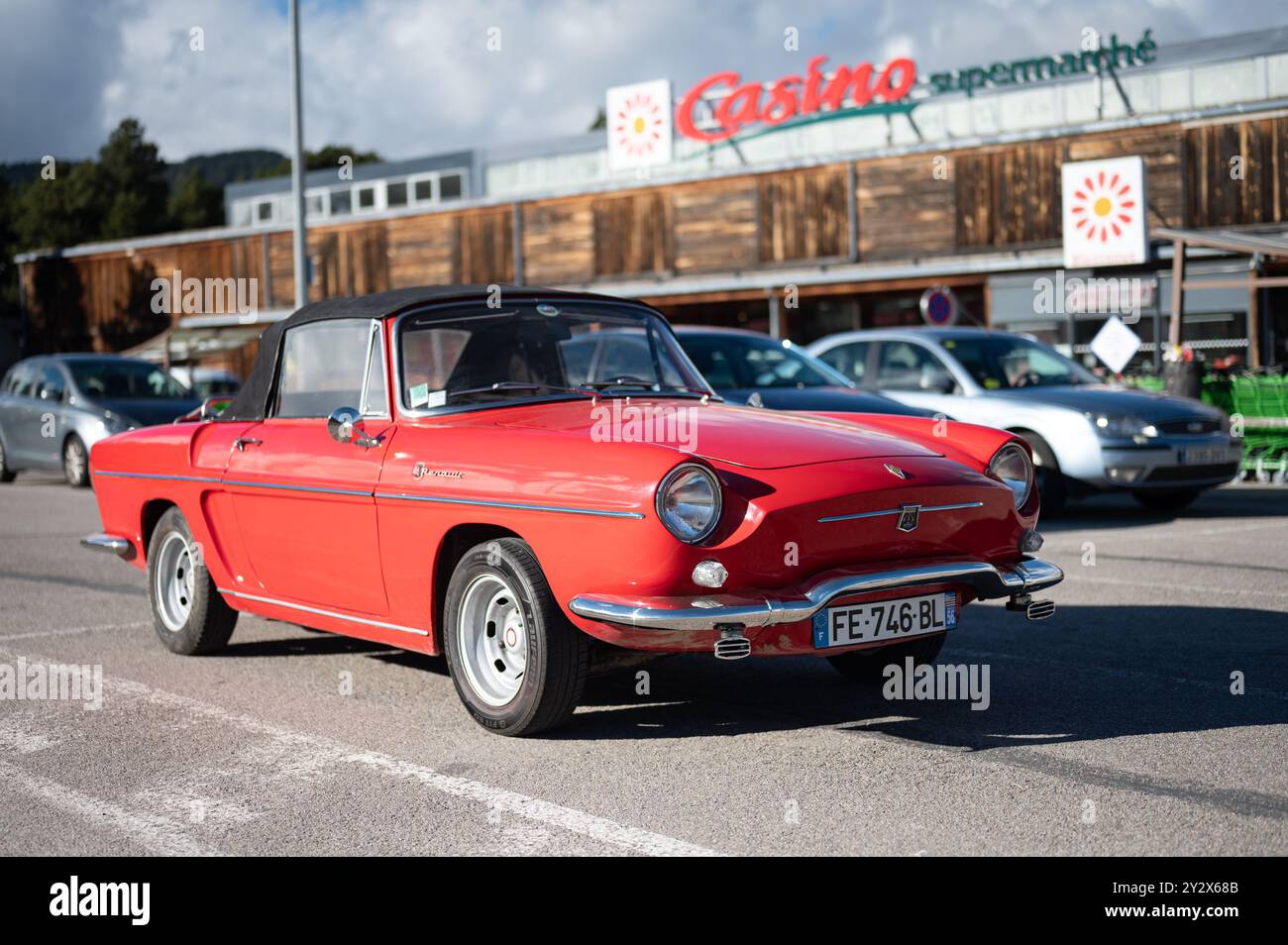 Front view of a red classic French convertible sports car, the Renault ...
