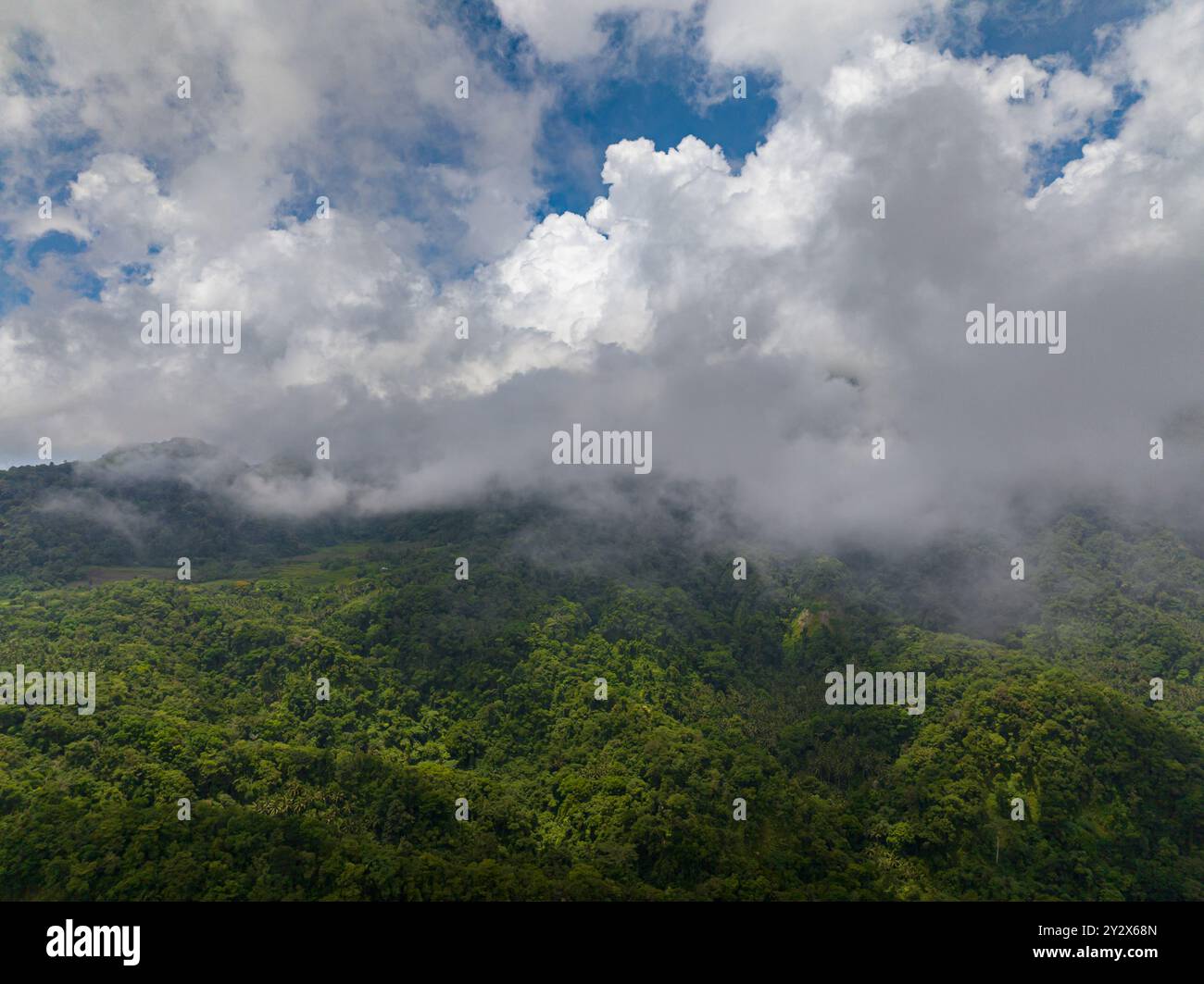 Aerial view of fog over the mountain in Camiguin Island. Philippines ...
