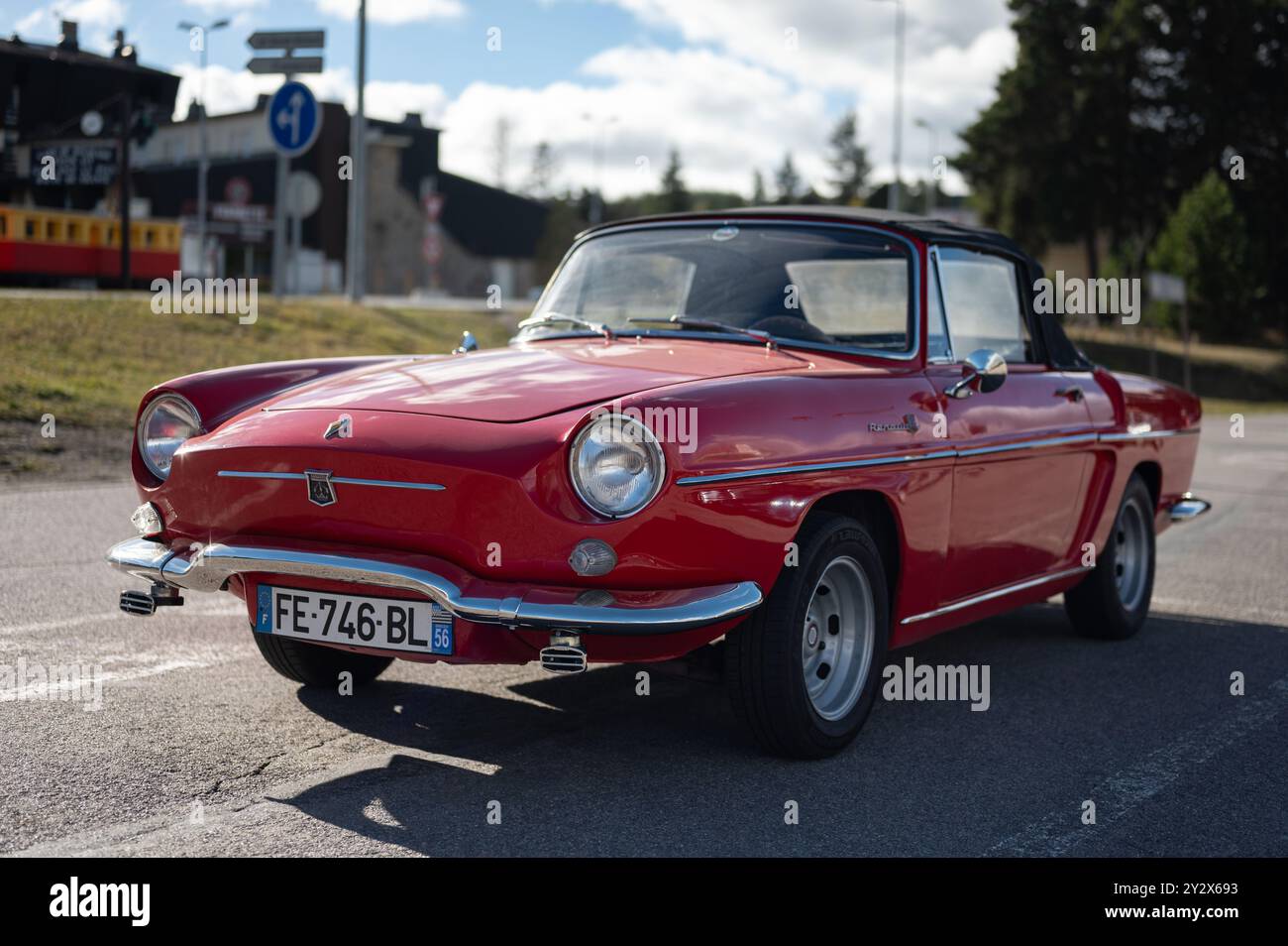 Front view of a red classic French convertible sports car, it is the ...