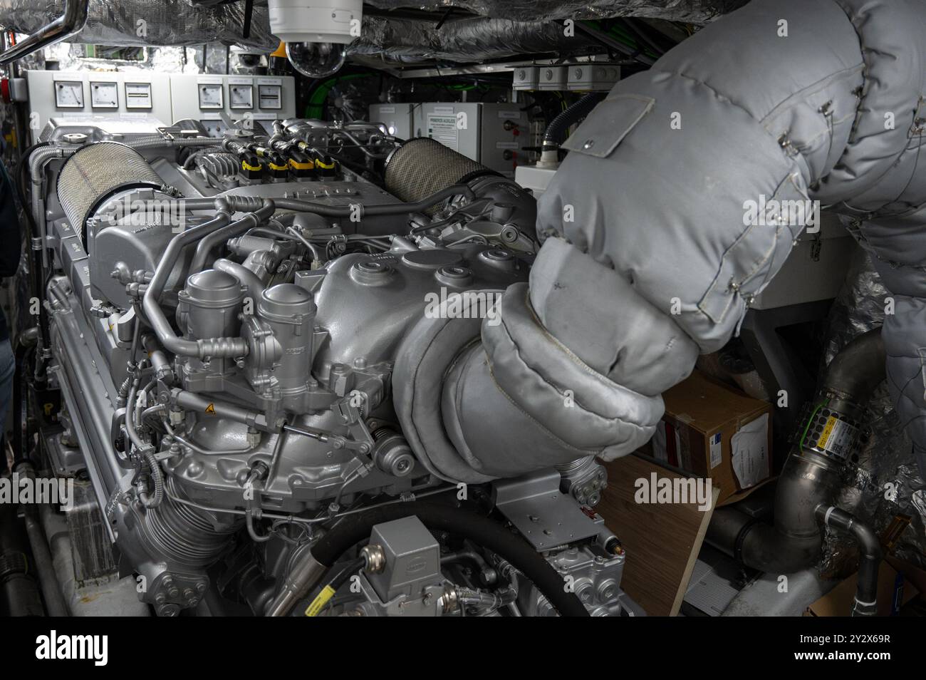 Detail of the great pair of engines of a patrol boat of the Spanish ...