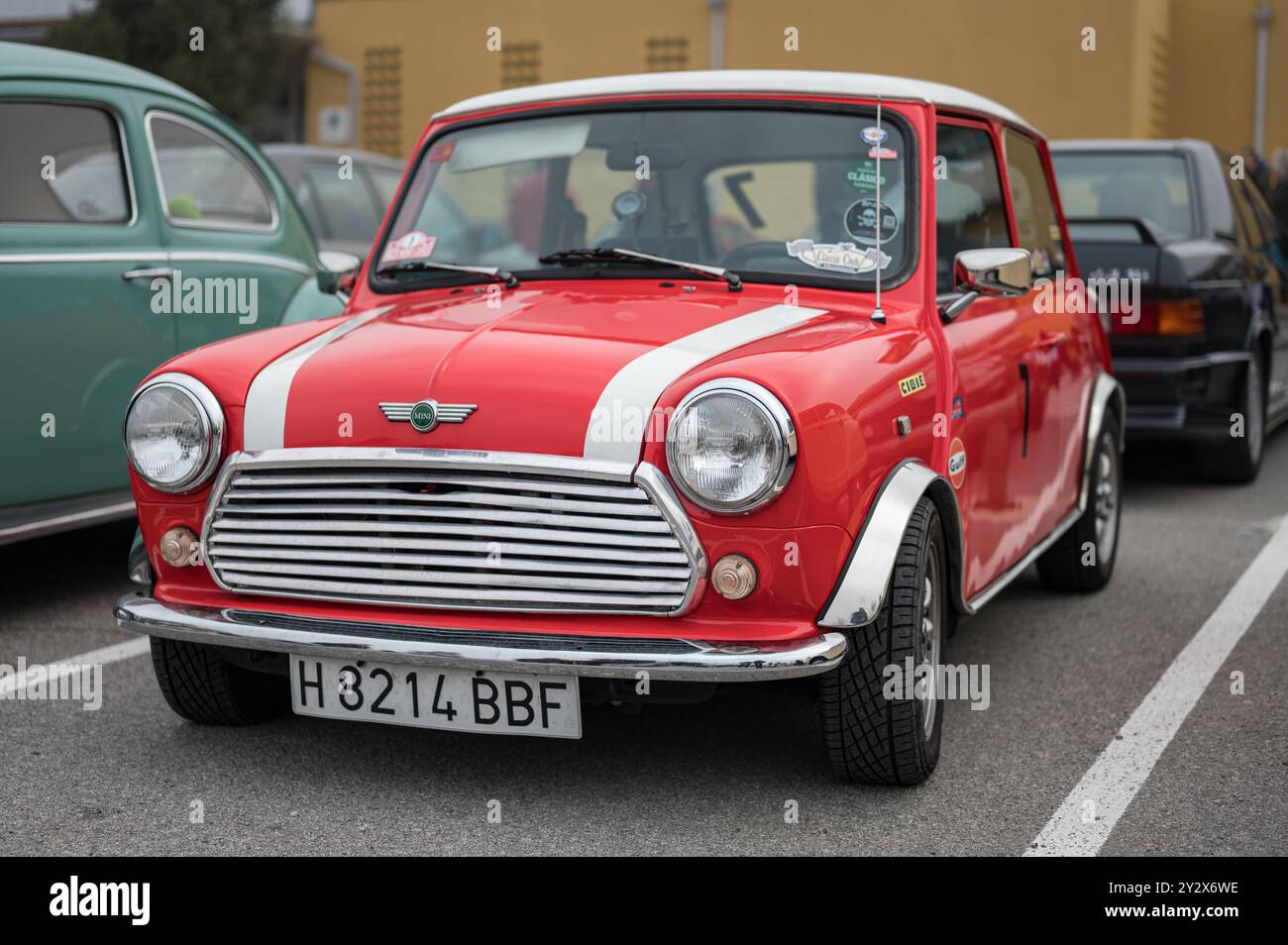 Front view of the classic English compact Mini Cooper, classic red with ...