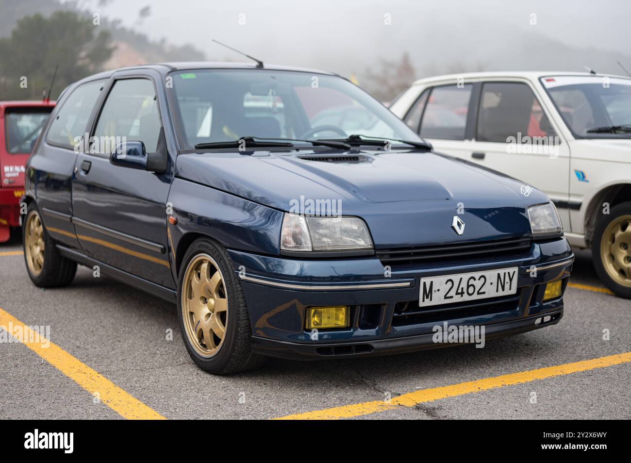 Front view of the legendary blue Renault Clio Williams sports car with ...