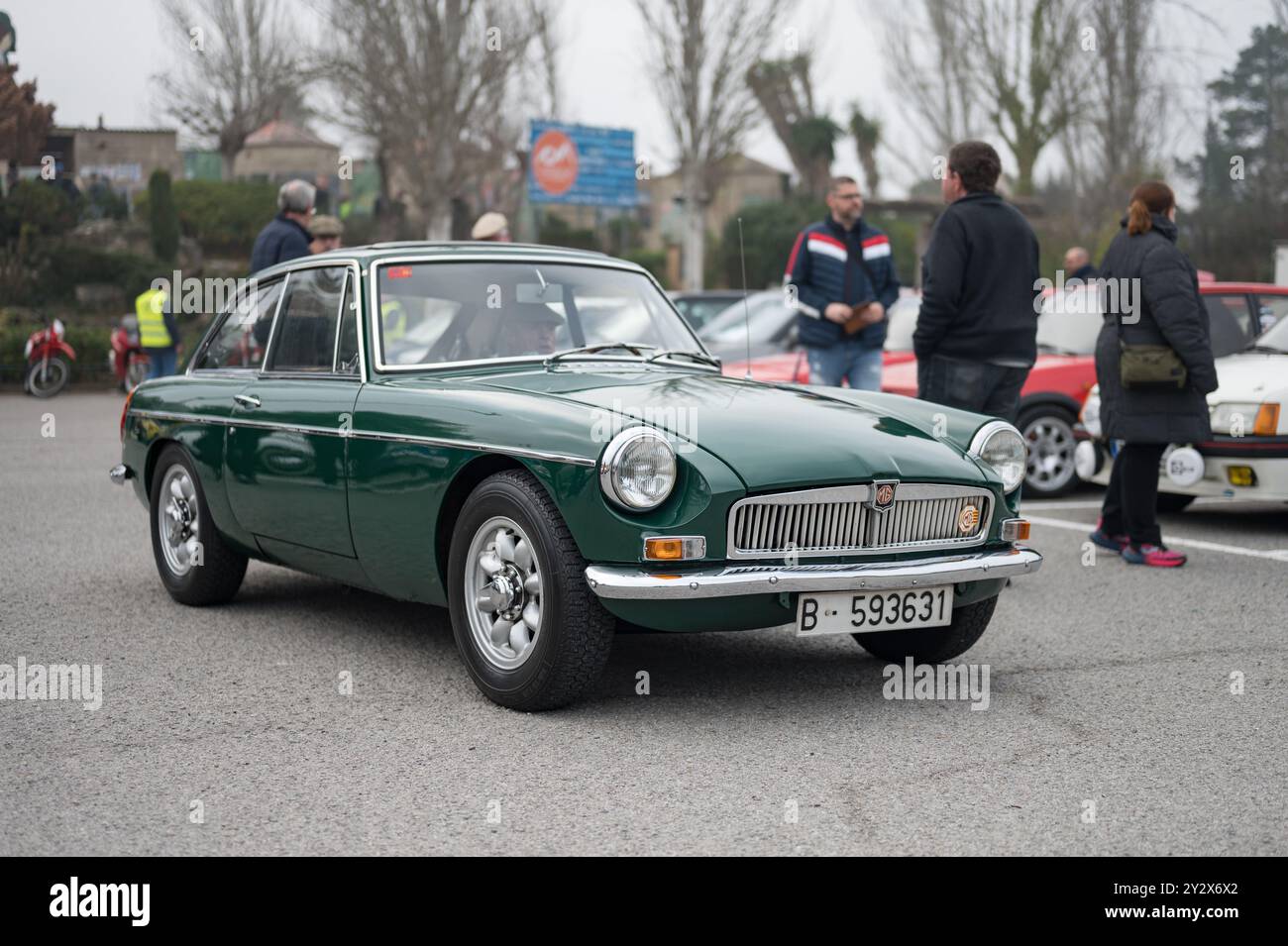 Front view of the classic green two-seater English light sports car MG ...