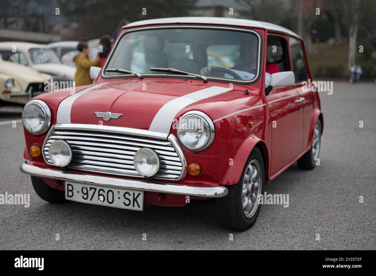 Front view of the classic british compact Mini Cooper, classic red with ...