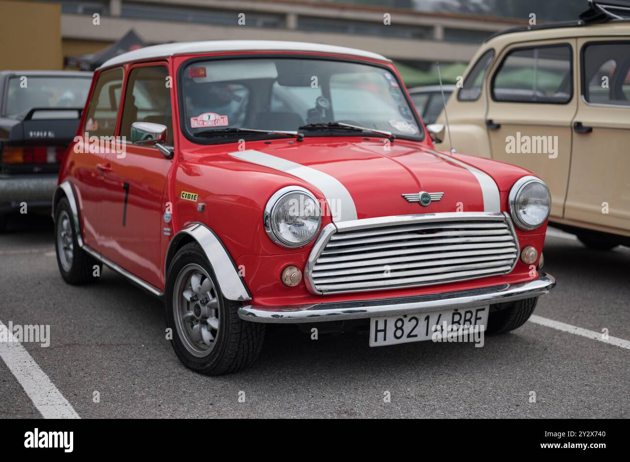 Front view of the classic british compact Mini Cooper, classic red with ...