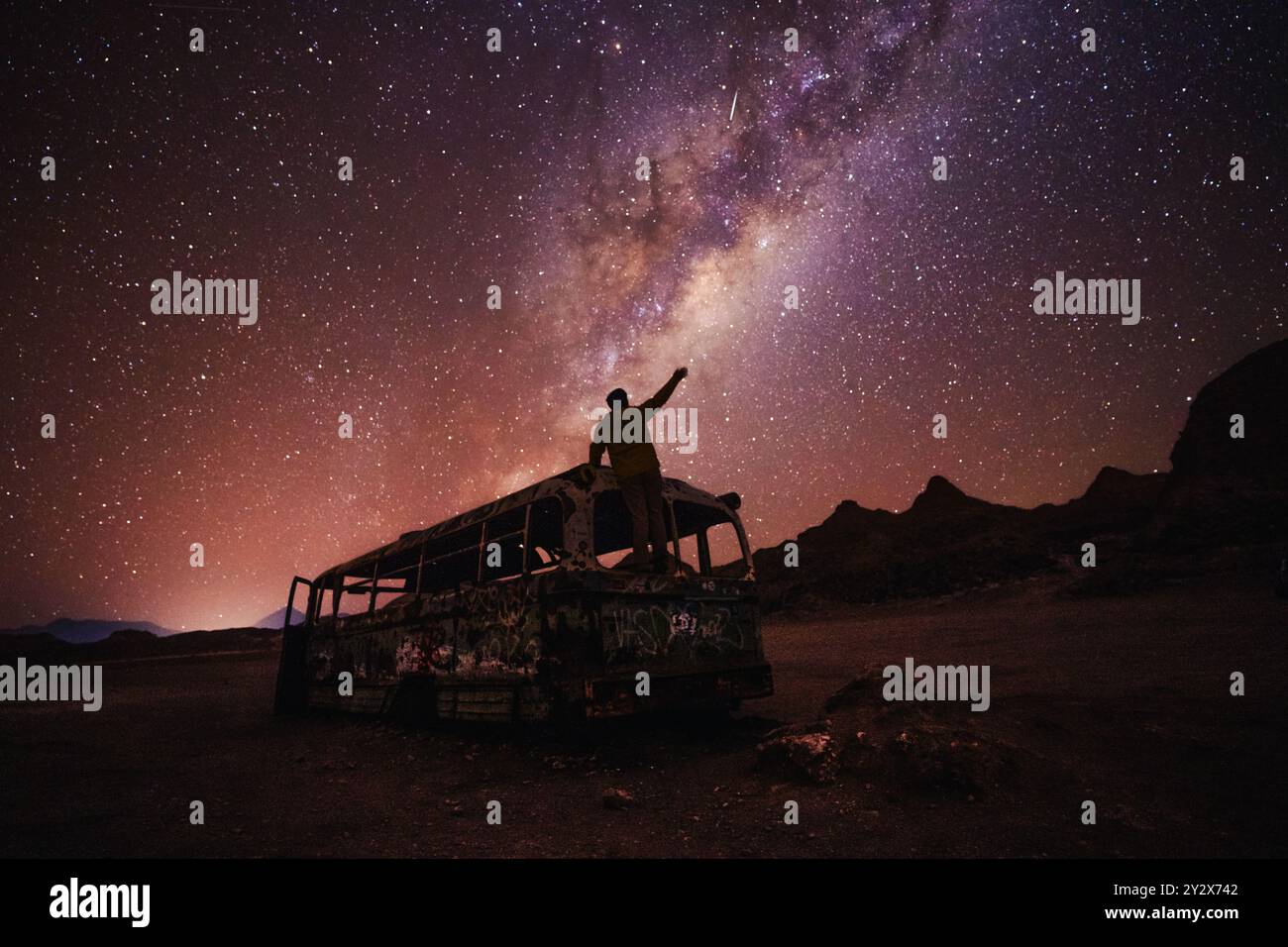 A person standing on an abandoned bus under a starry night sky with the ...