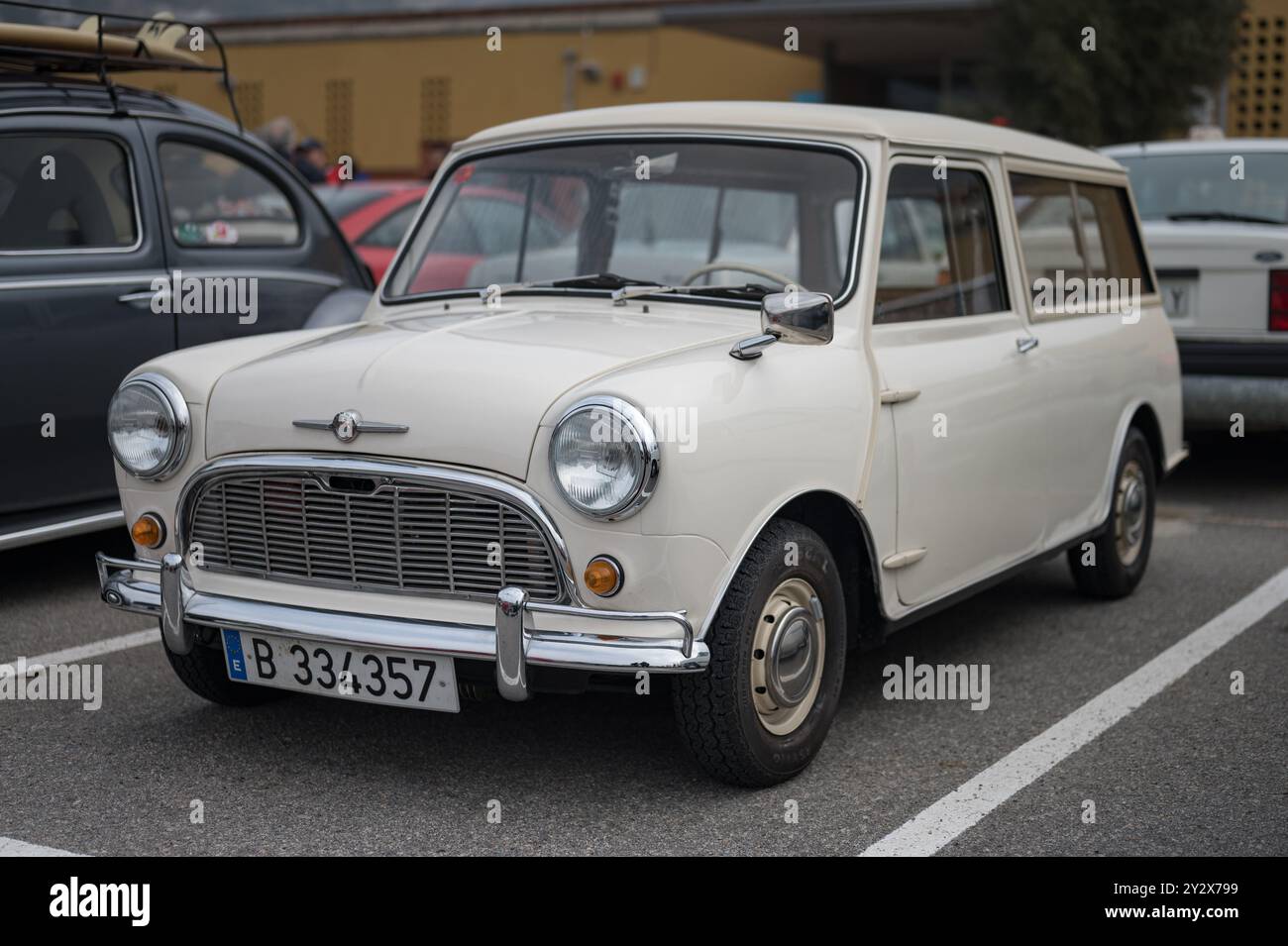 Front view of the classic white Morris Mini Traveler, it is an ...