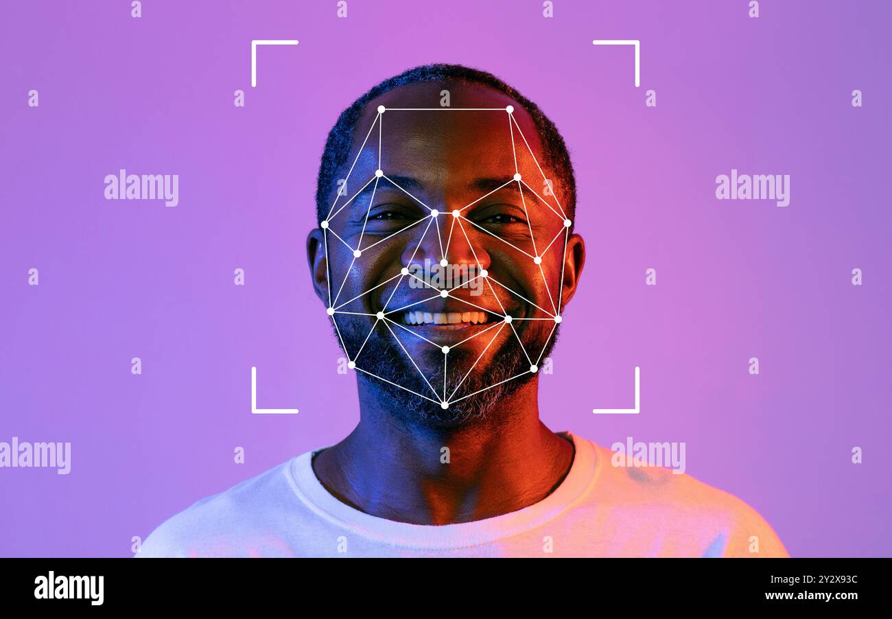 Man smiling with facial recognition overlay against a colorful ...