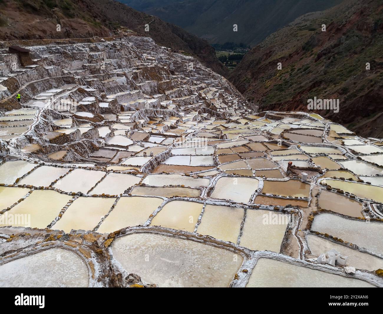 Aerial view of the Maras Salt Mines in the Sacred Valley, Peru, with ...