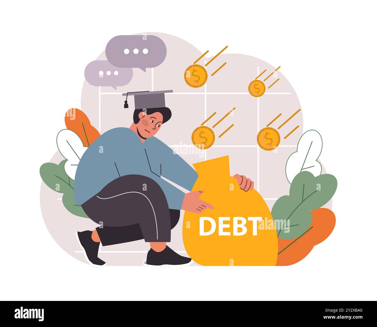 Student debt. Young graduated character with a financial crisis ...