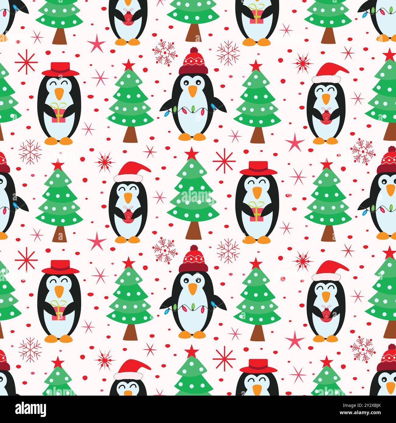 Cute Cartoon Christmas Penguins with Christmas tree seamless pattern ...