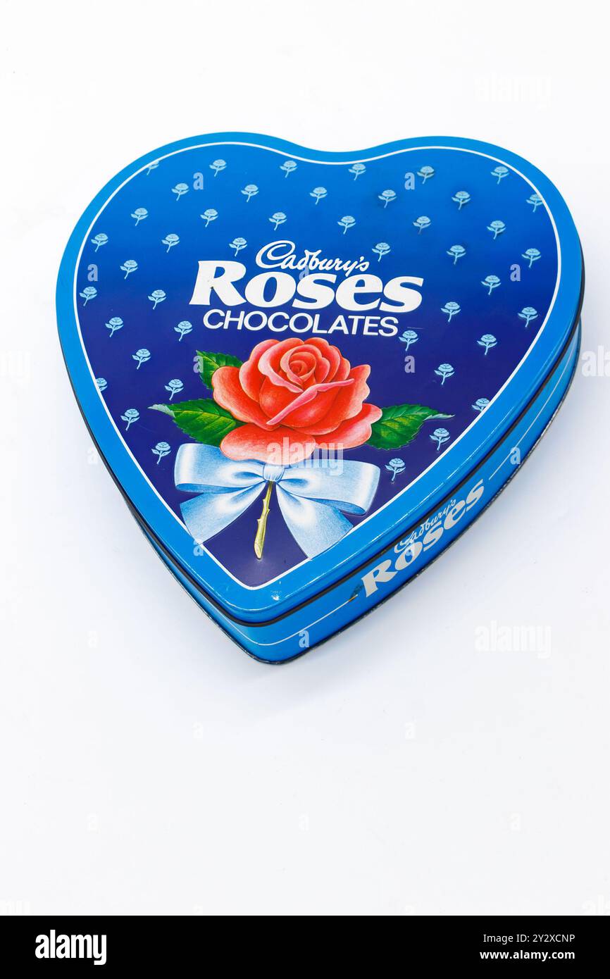 1990s Cadbury Roses vintage Heart Tin Chocolateisolated on white studio ...