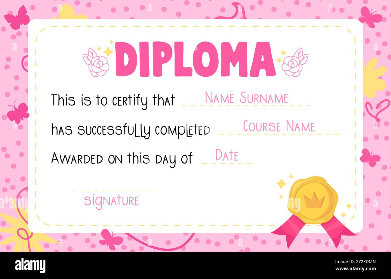 Cute pink kids diploma template with wax seal imitation. Girl ...
