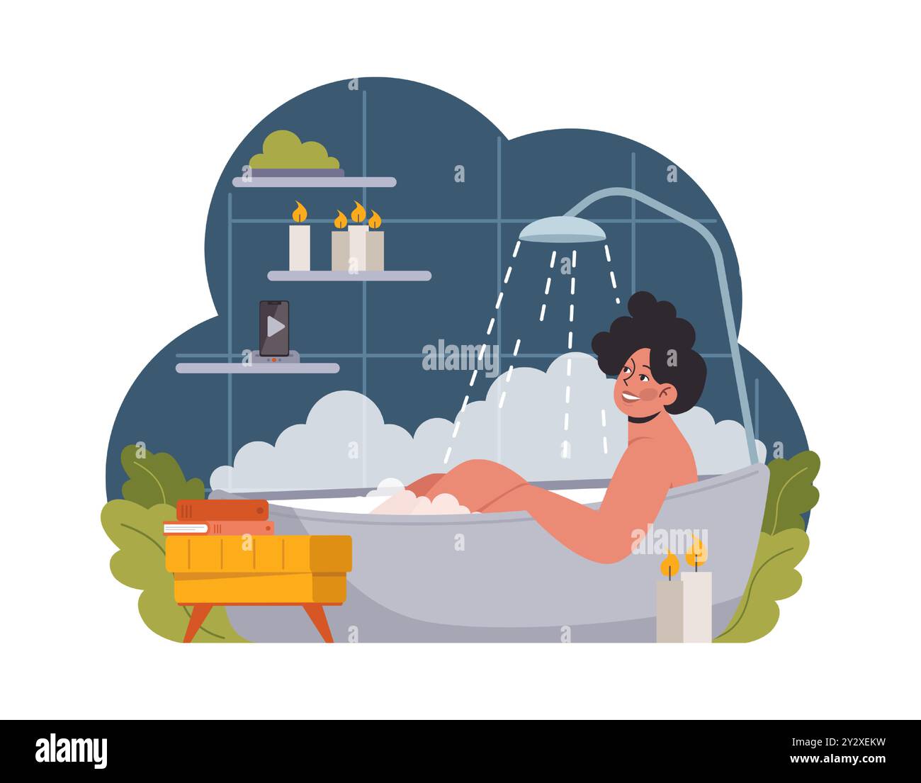 Hygge. Happy woman relaxing at home. Female character taking bath in ...