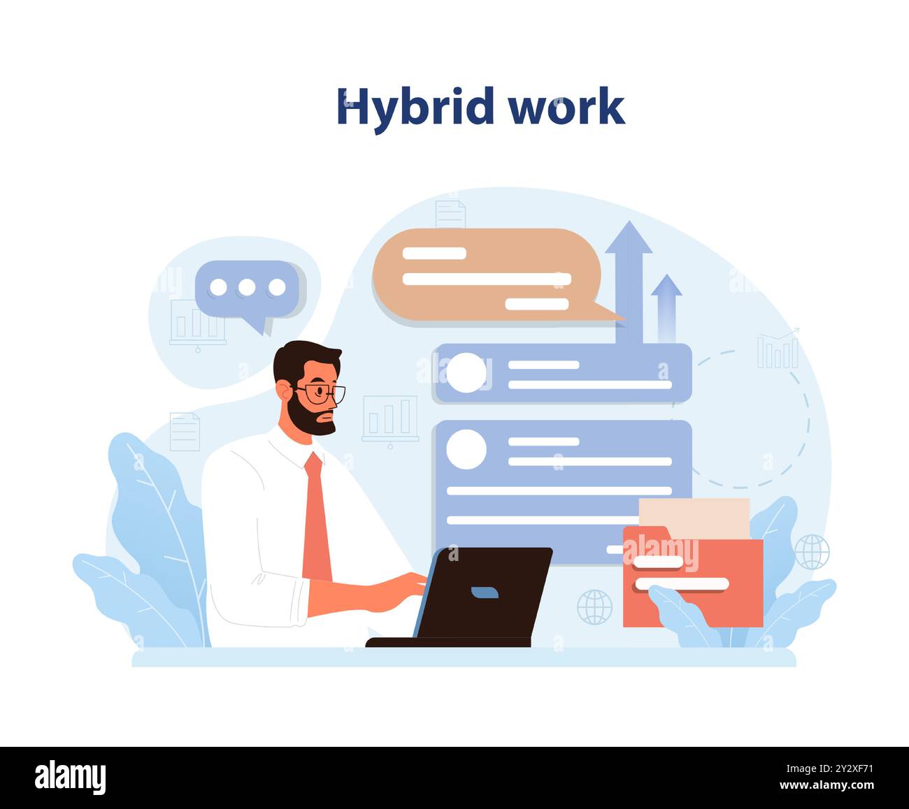 Modern wellbeing practice. Hybrid work. Male character with a flexible schedule, working from ...