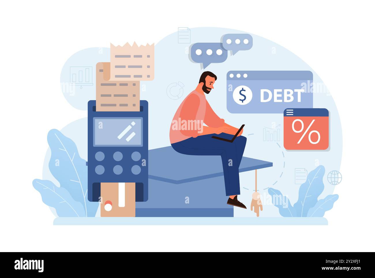 Student debt. Young graduated character with a financial crisis ...