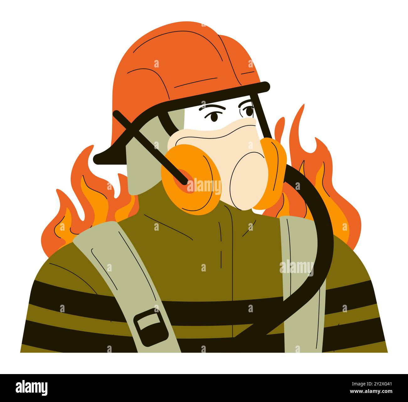 Wildfire. Firefighter in protective clothing and helmet extinguishing ...