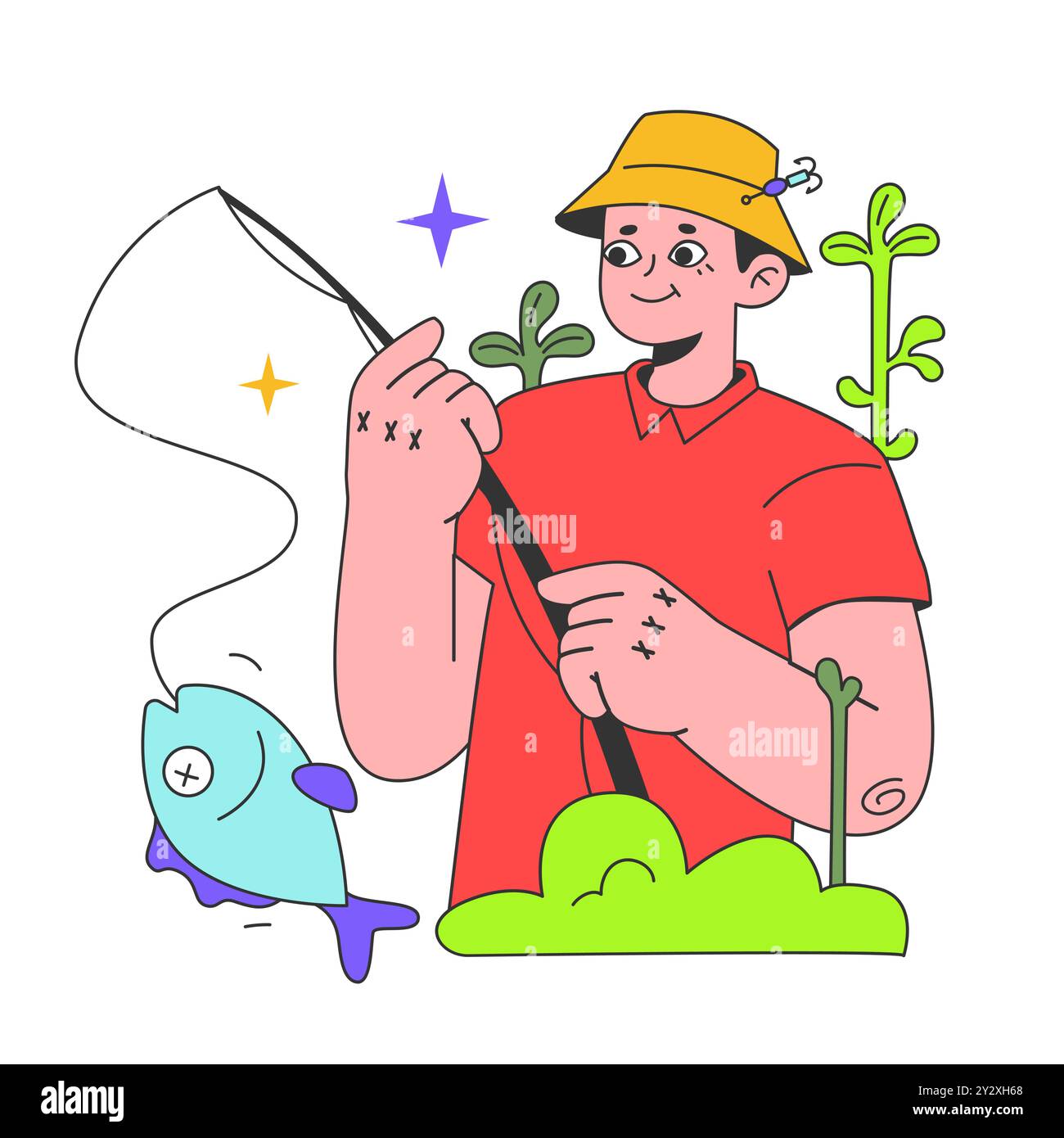 Summer time activity. Man with a spinning catching a fish. Slow, rural ...