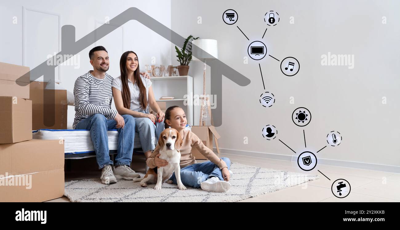 Happy family with dog on moving day. Smart Home concept Stock Photo - Alamy