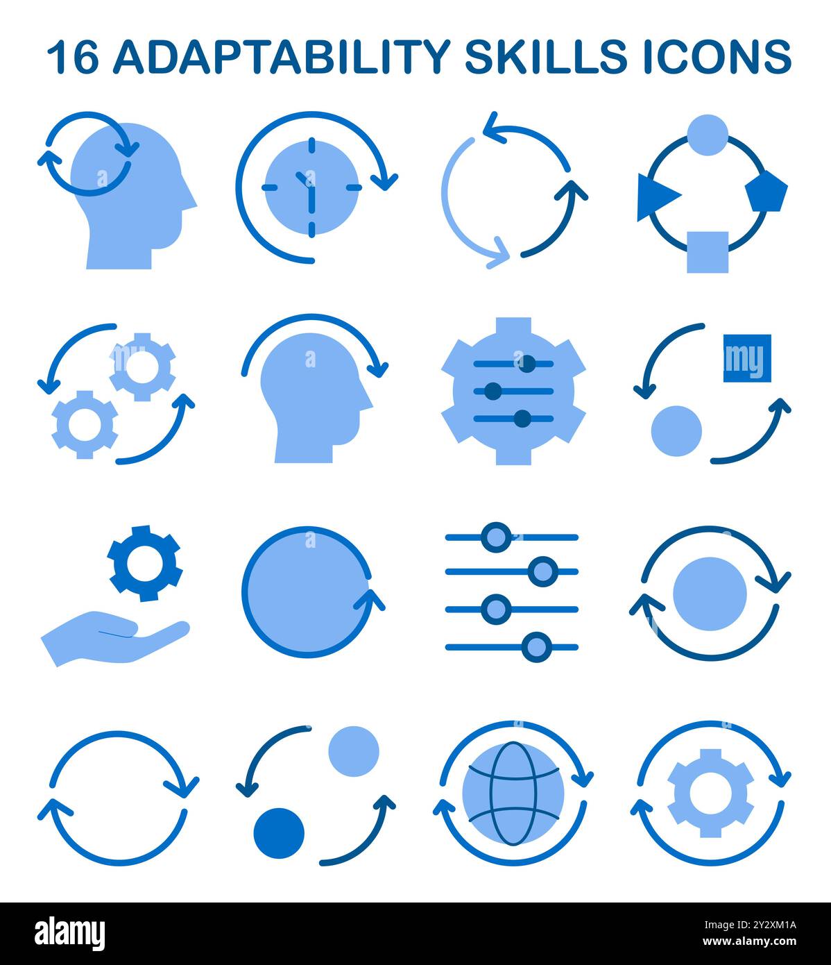 Adaptability skill icons set. Quick respond to changes and performance ...