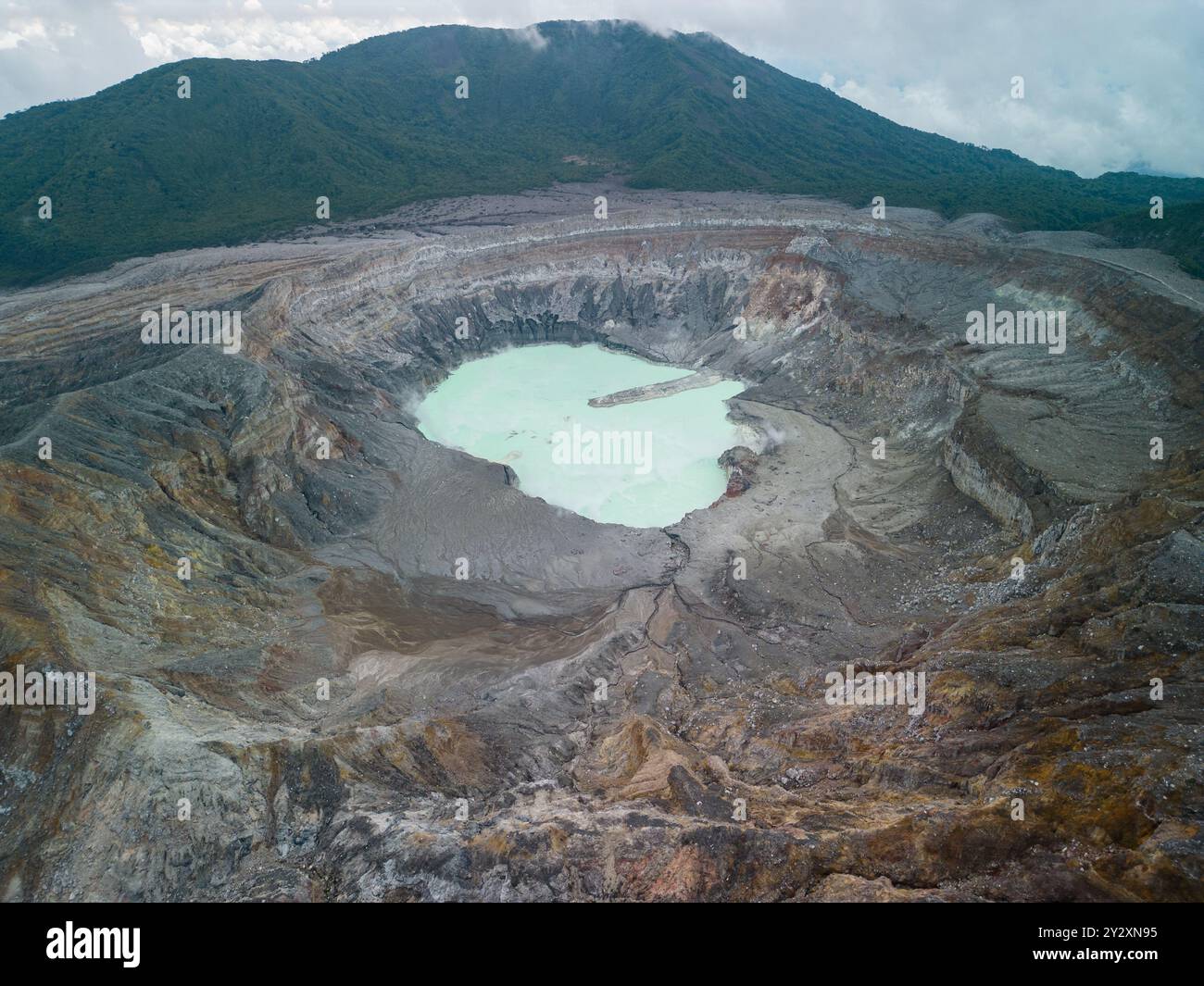 Aerial view of the Poas Volcano crater with its turquoise acidic lake ...