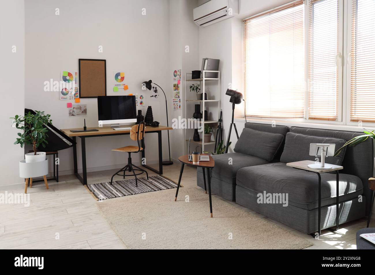 Stylish office with workplace, modern computer, sofa and photographer ...