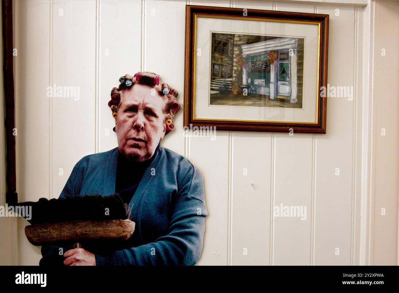 Nora Batty cardboard cutout in Sid's cafe, Holmfirth, which was the ...