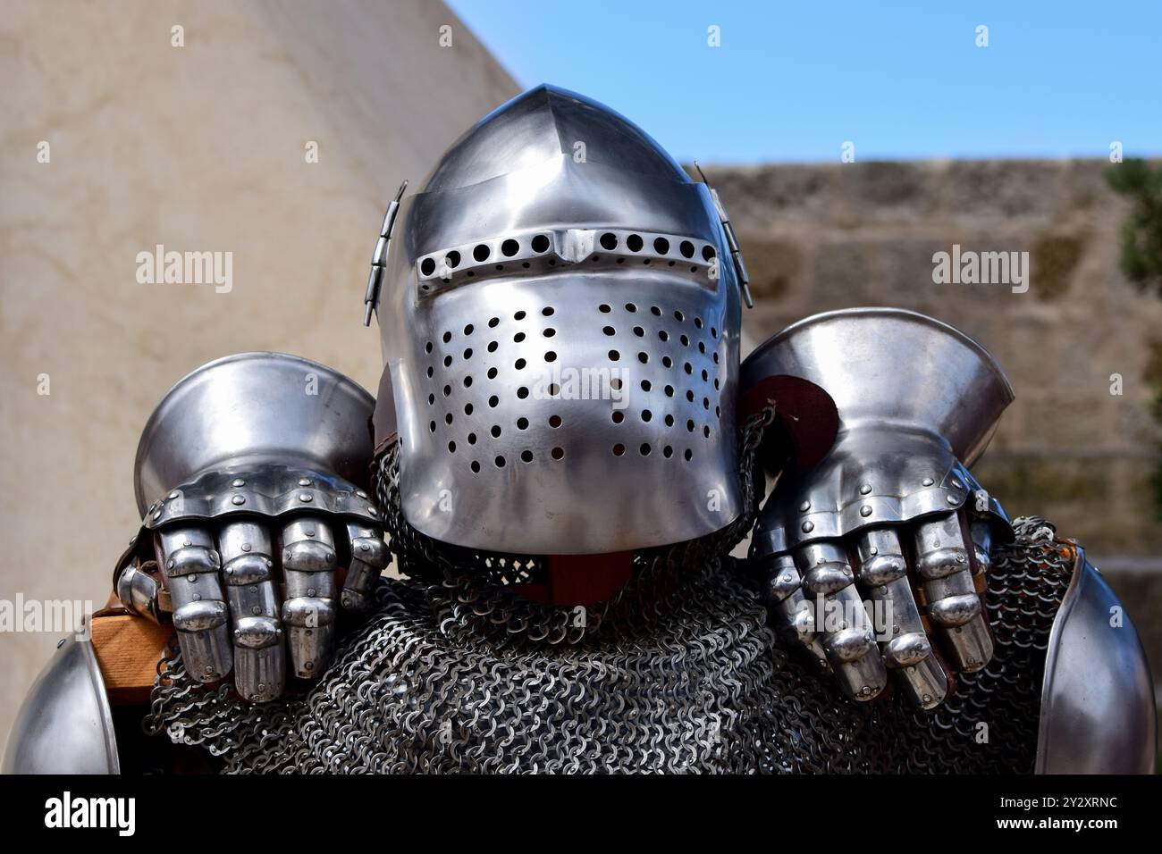 Pieces of metal medieval armour replicas, used during a Medieval ...
