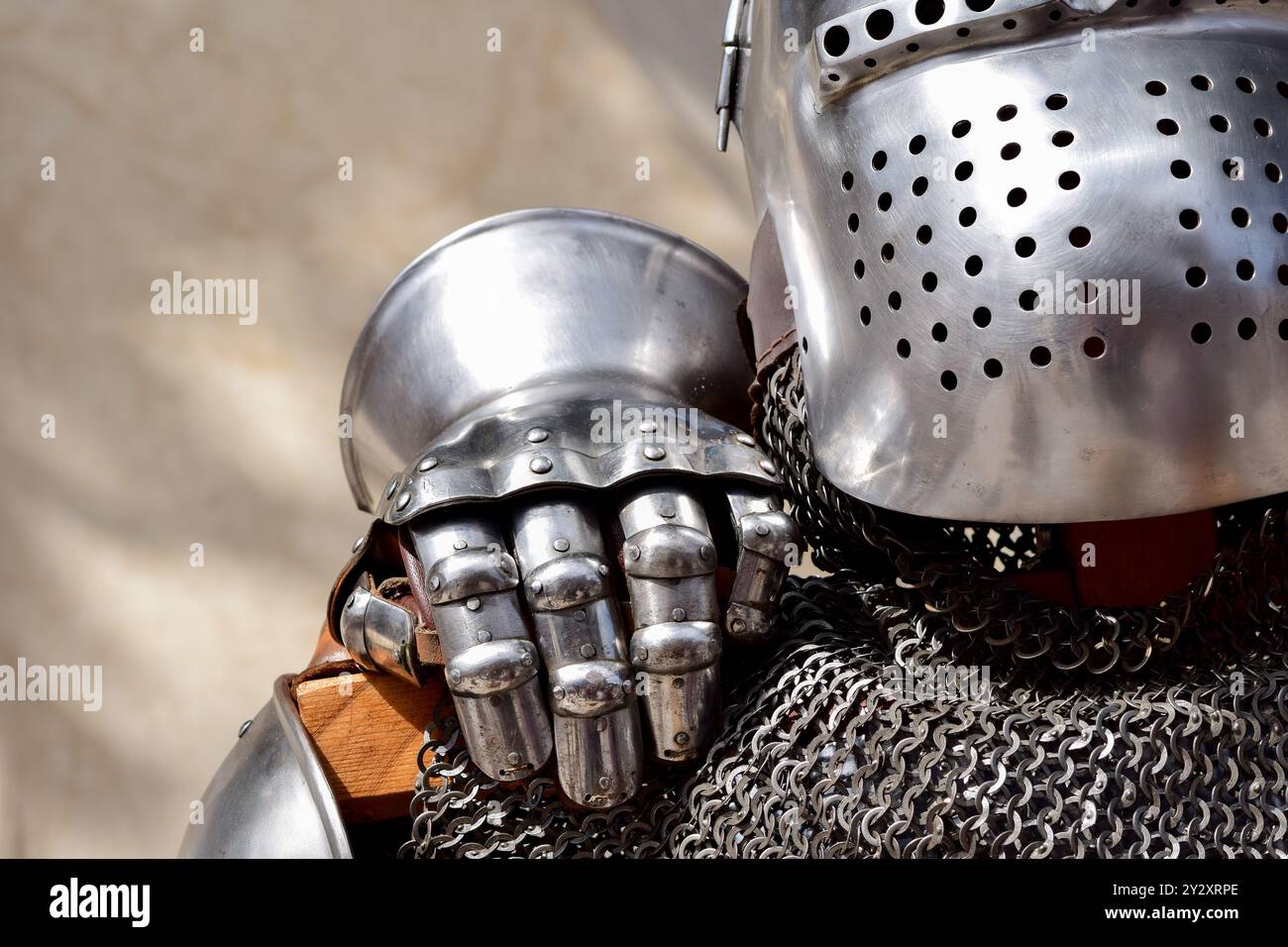 Pieces of metal medieval armour replicas, used during a Medieval ...