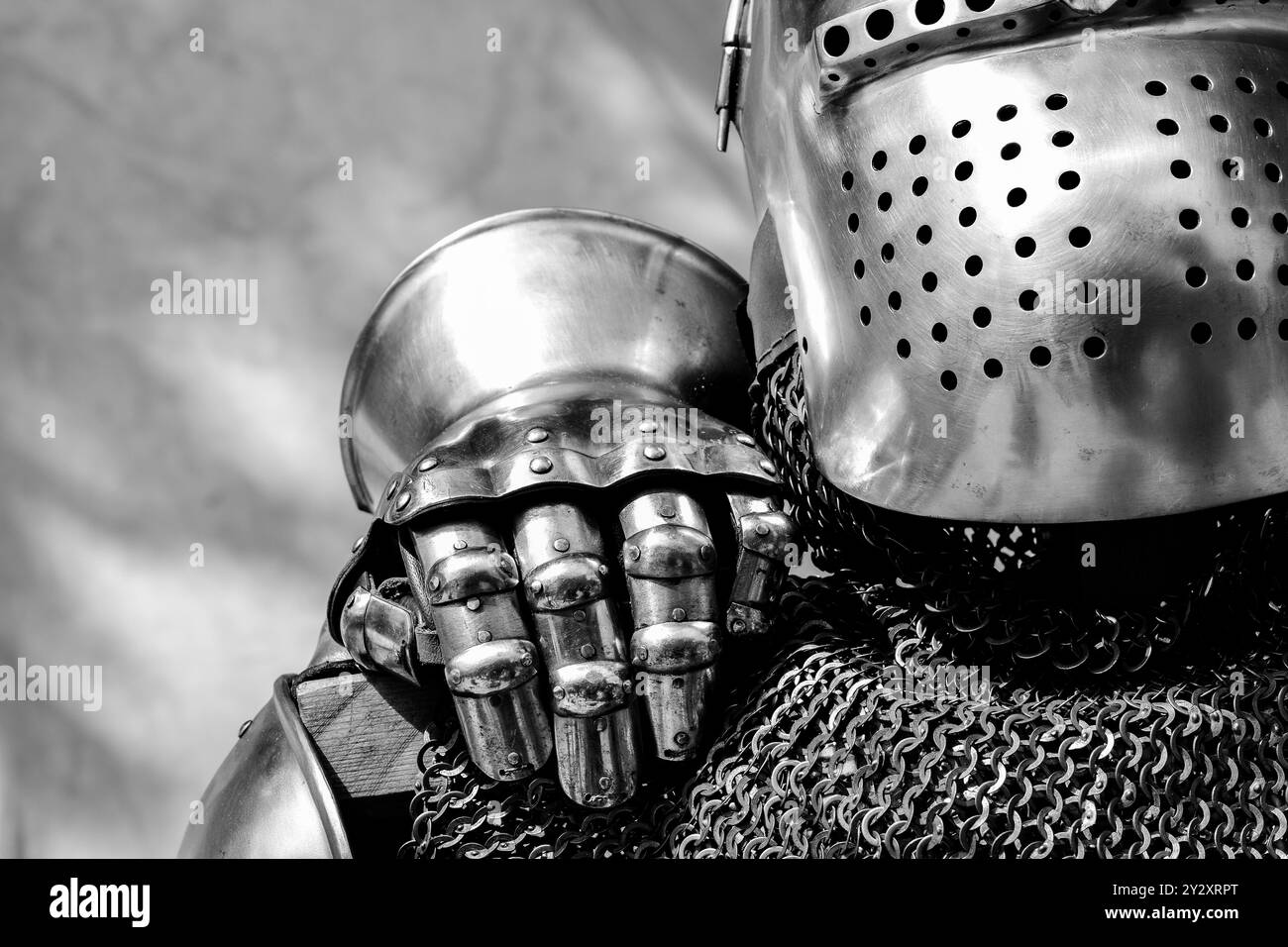 Pieces of metal medieval armour replicas, used during a Medieval ...