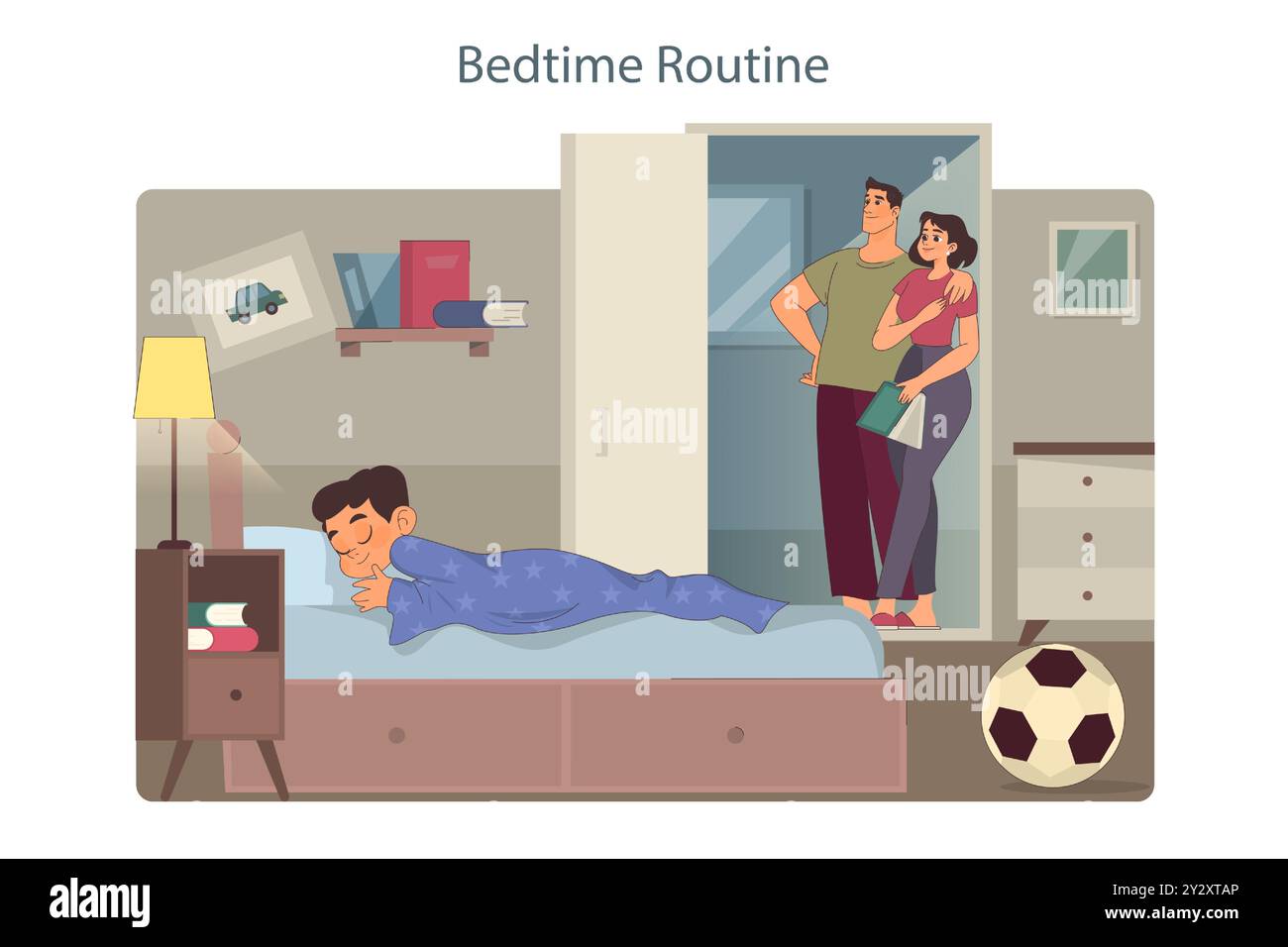 Family time. Mother and father put their son to sleep. Bed time routine ...