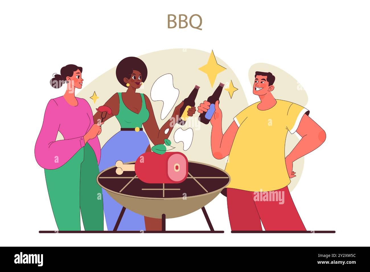 BBQ summer party. Young characters grilling meat outside, having fun ...