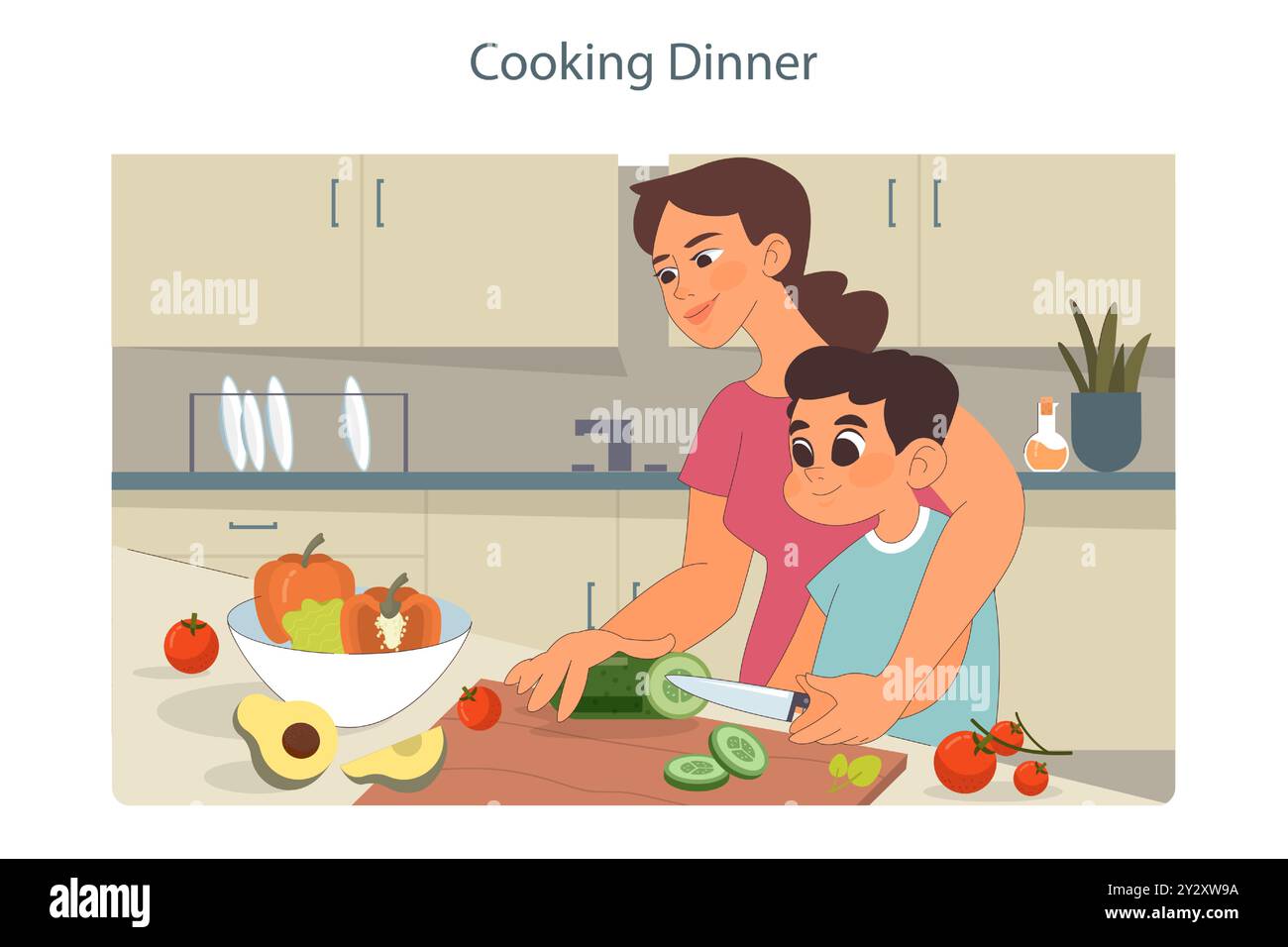 Family time. Mother and son cooking. Family making dinner in the ...