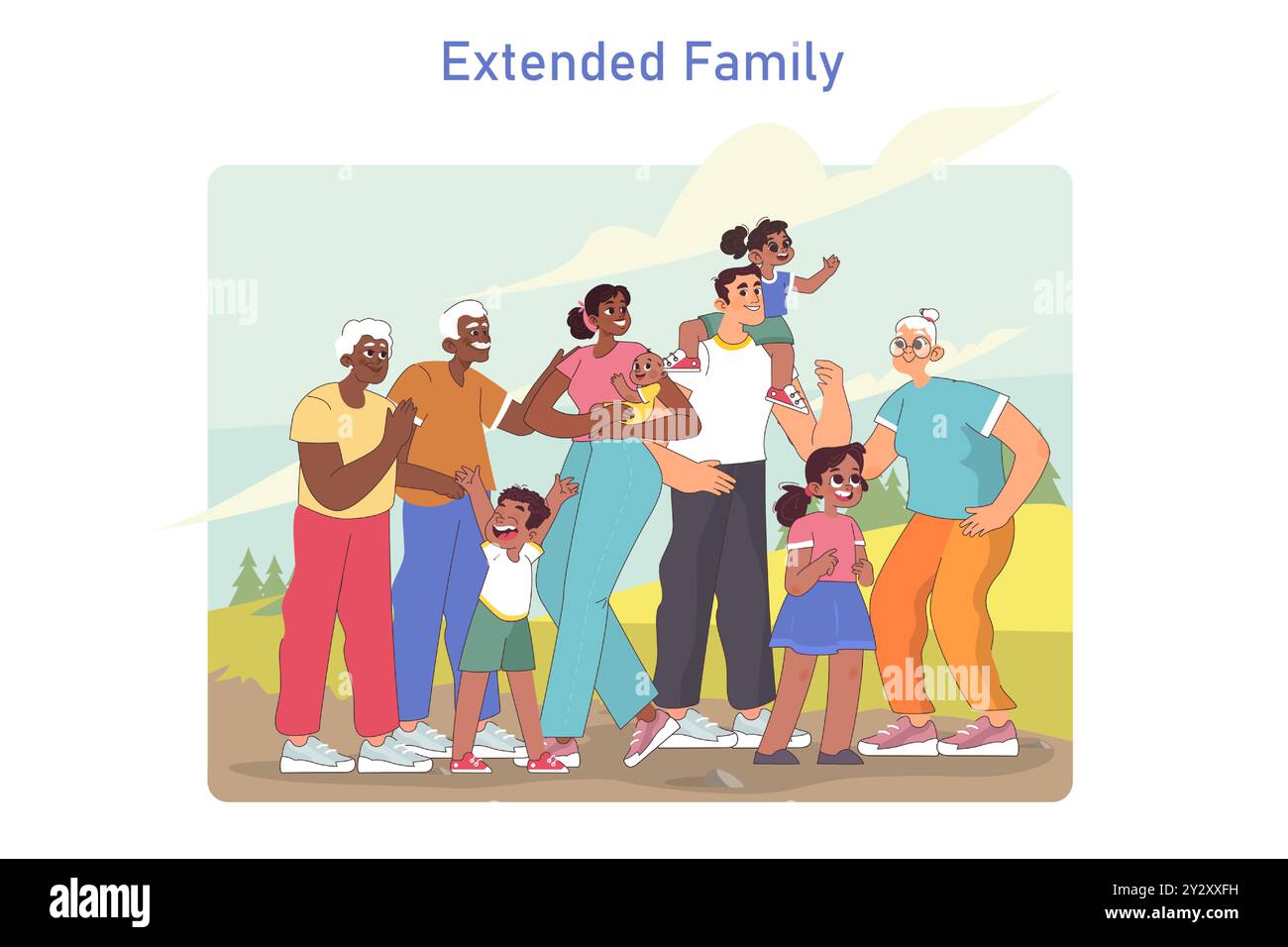 Big intergenerational family. Grandparents, mother, father and kids ...