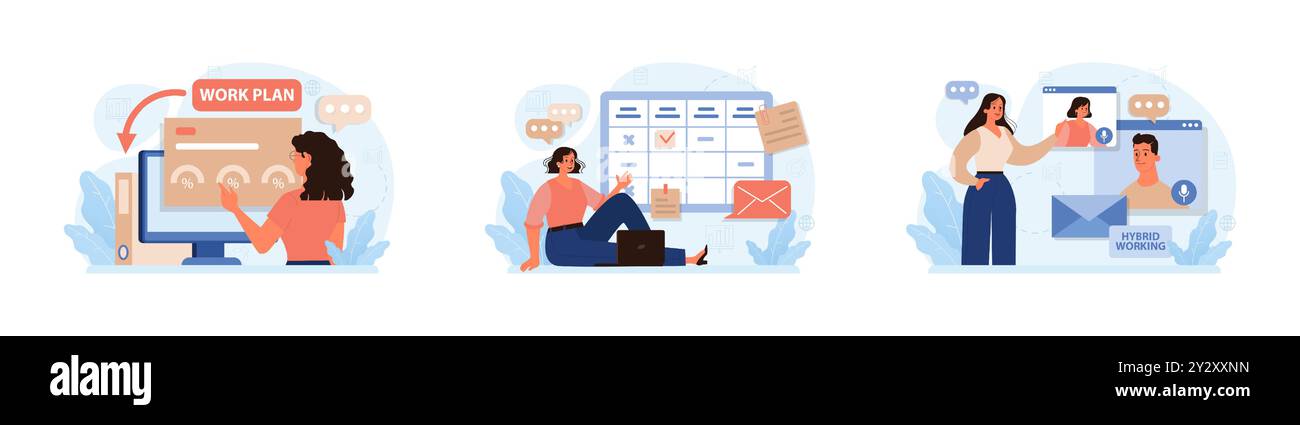 Hybrid work set. Characters with a flexible schedule, working from office and home. Telework and ...