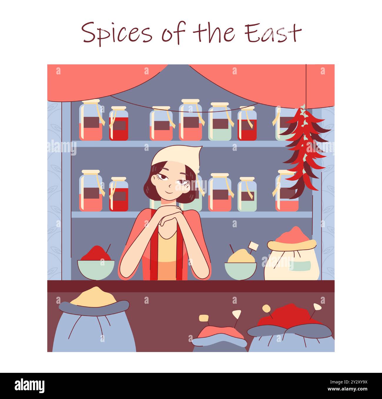 Asian street market with pottery and spices stores. Oriental herbal ...