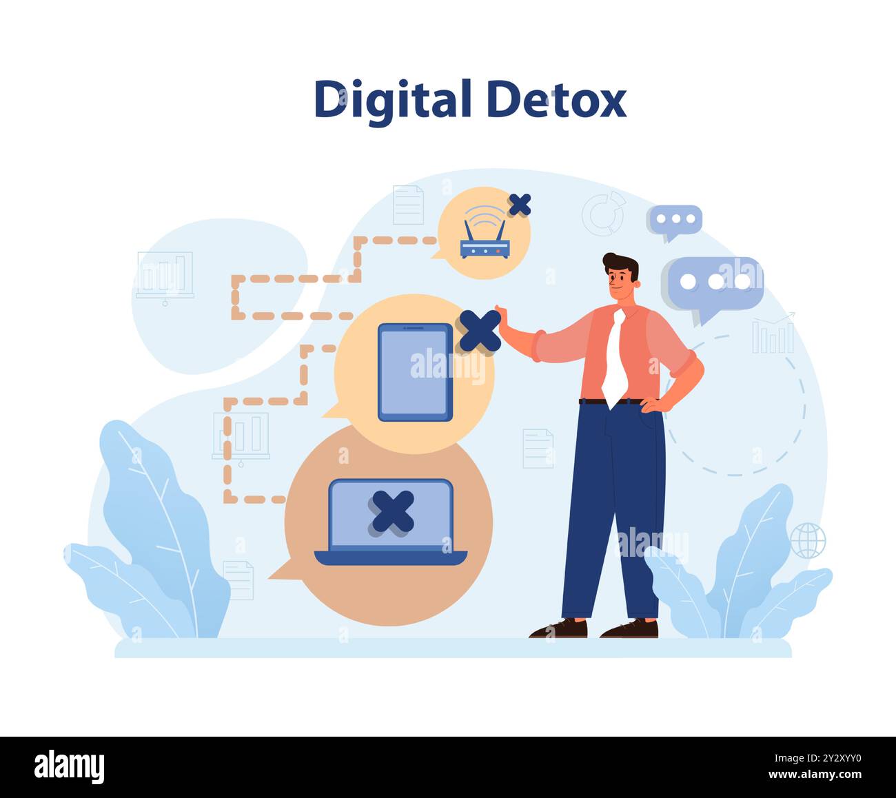 Modern wellbeing practice. Digital detox. Character taking a break from ...