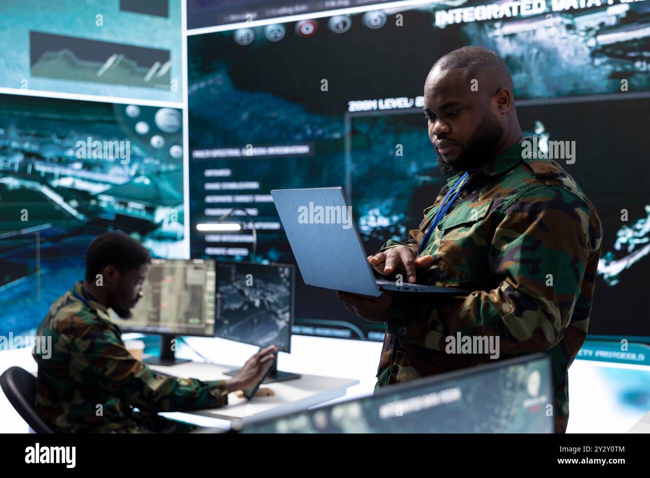 Government intelligence officer in a modern control room handles ...
