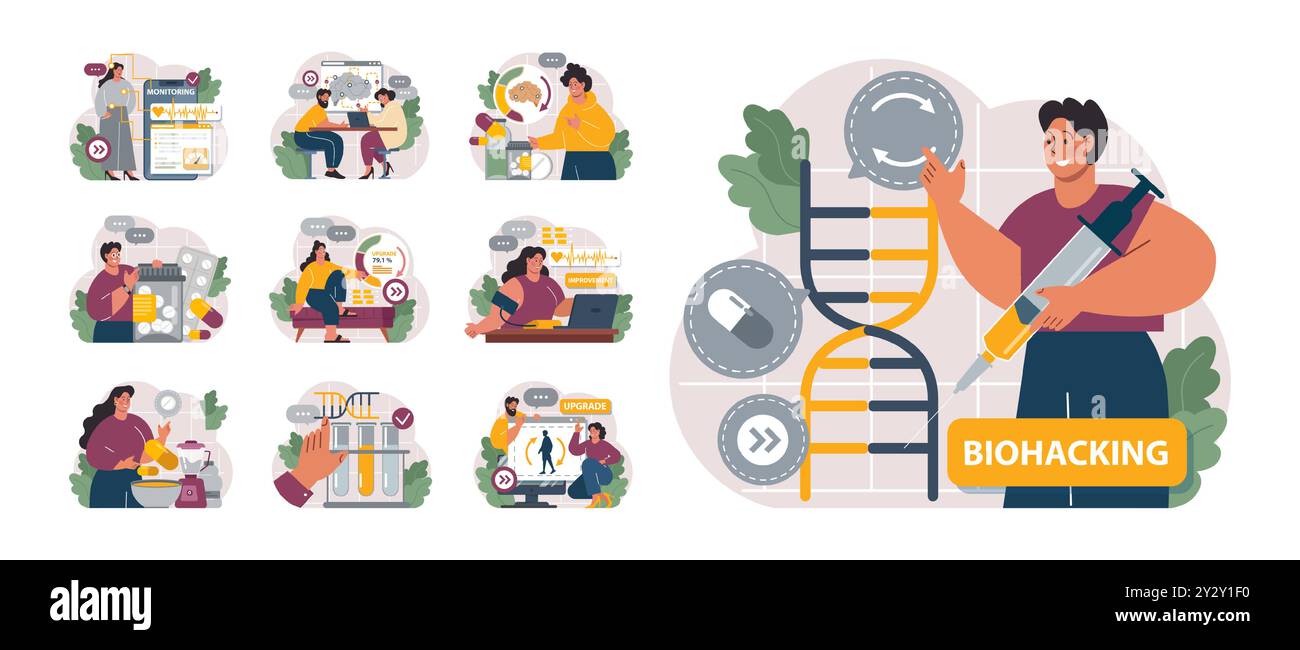 Biohacking set. Health' engineering and improving with modern ...