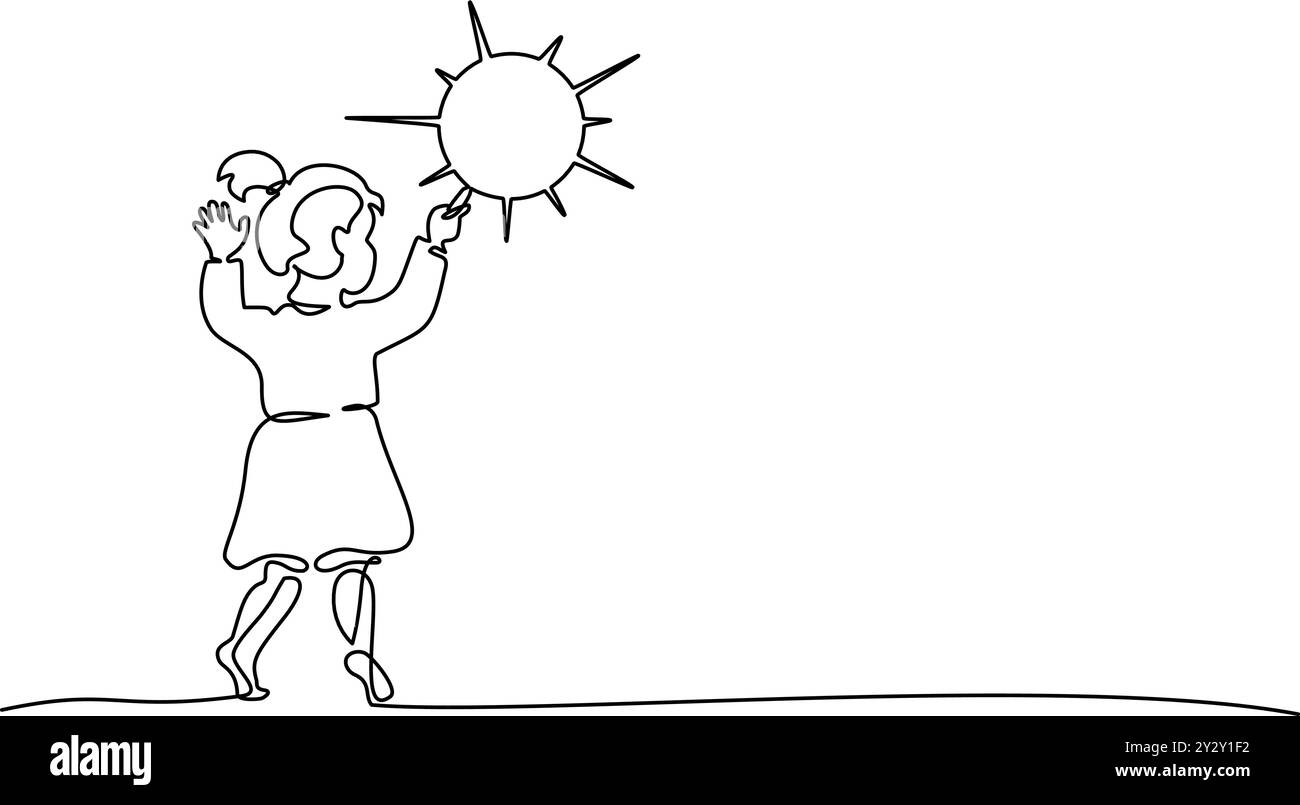Small girl drawing sun on wall. Continuous One line drawing Stock ...