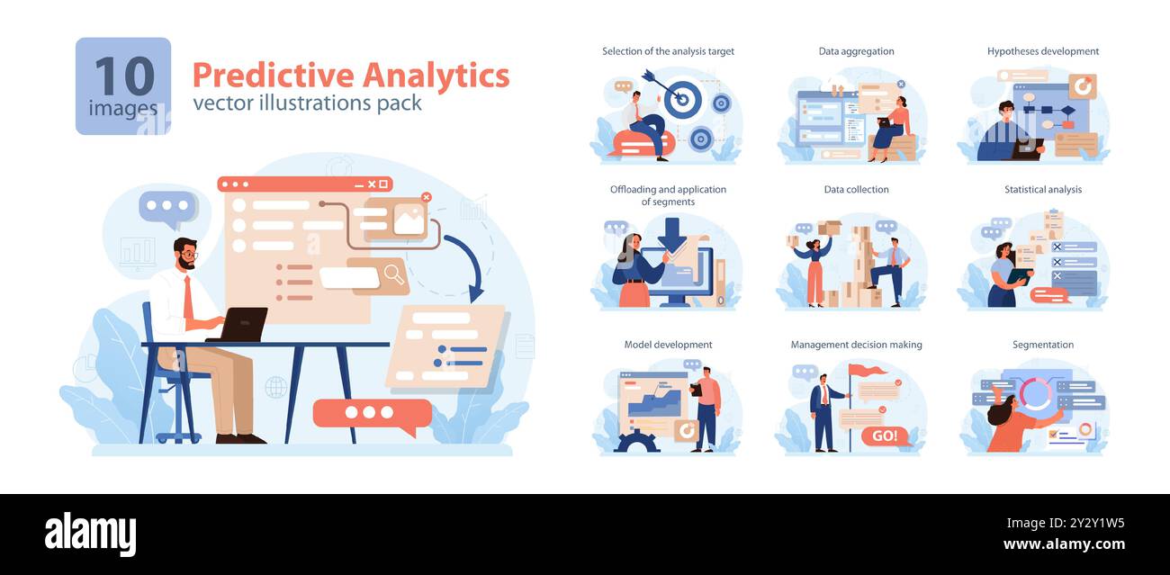 Predictive analytics set. Process of using data to forecast future ...
