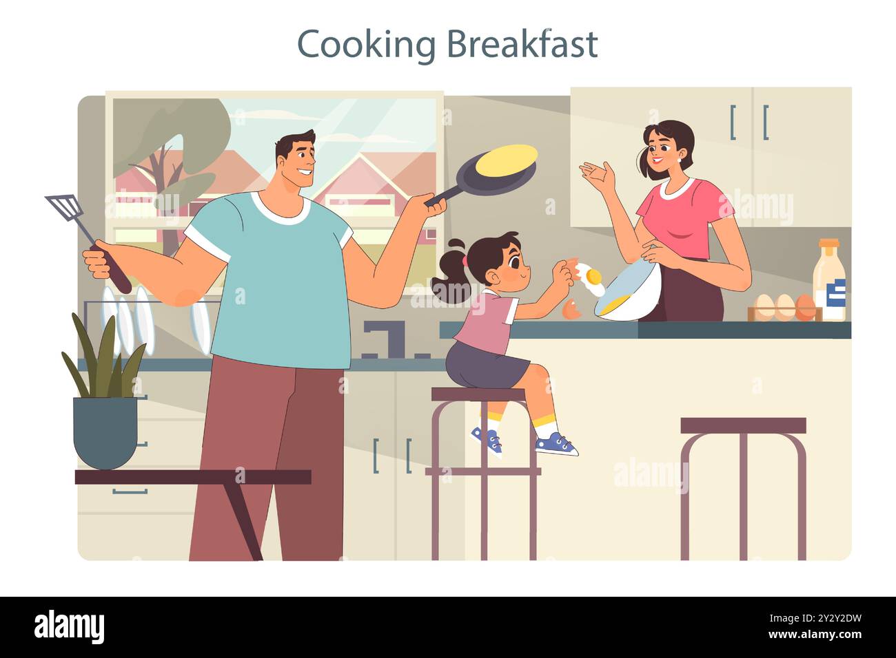 Family time. Parents and daughter cooking. Family making breakfast in ...