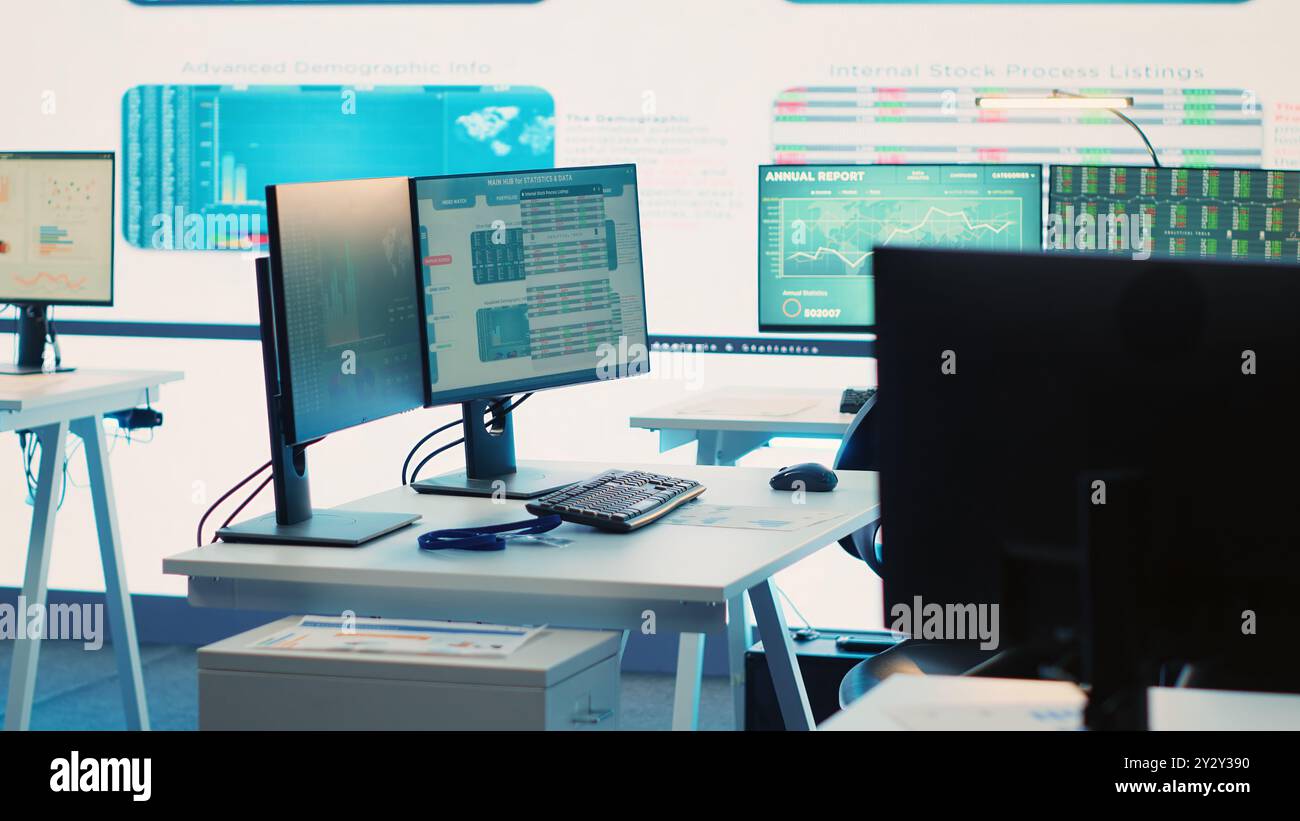 Empty telecommunications company system control and monitoring room ...