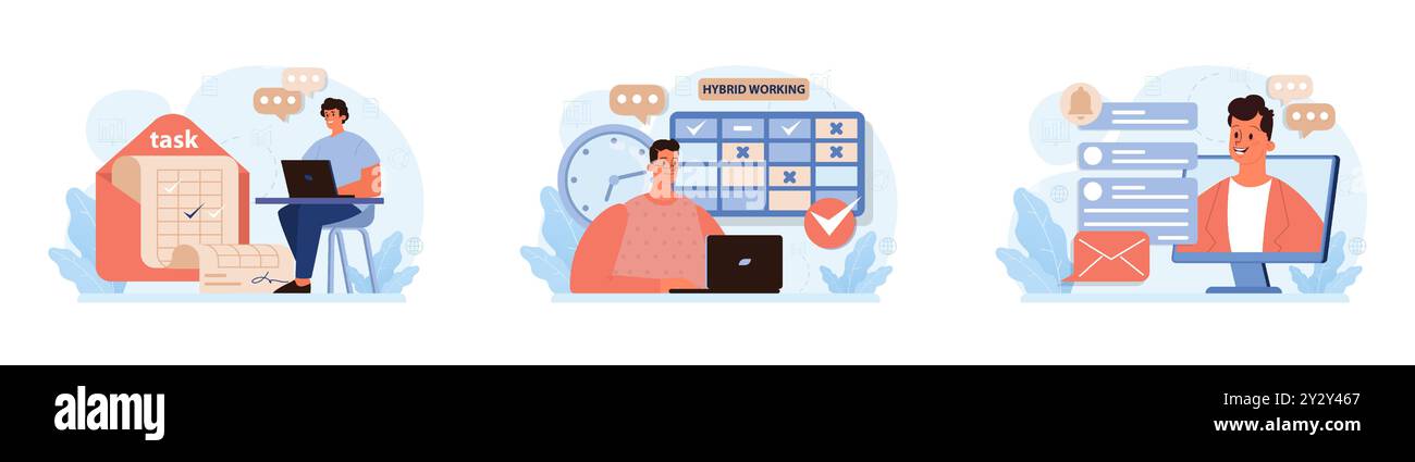Hybrid work set. Characters with a flexible schedule, working from office and home. Telework and ...