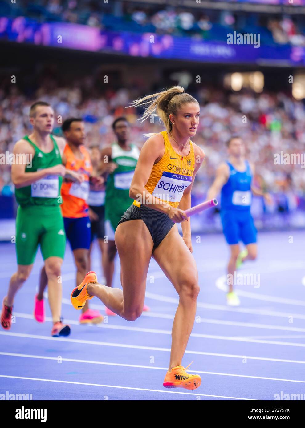 Alica Schmidt participating in the 4X400 meters relay at the Paris 2024 ...
