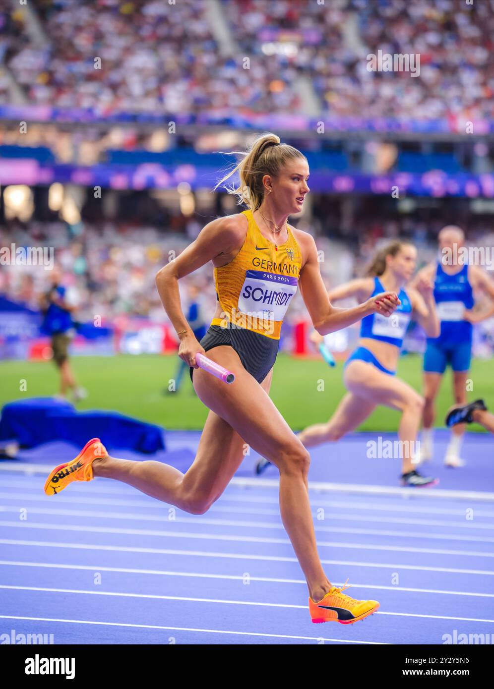 Alica Schmidt participating in the 4X400 meters relay at the Paris 2024 ...