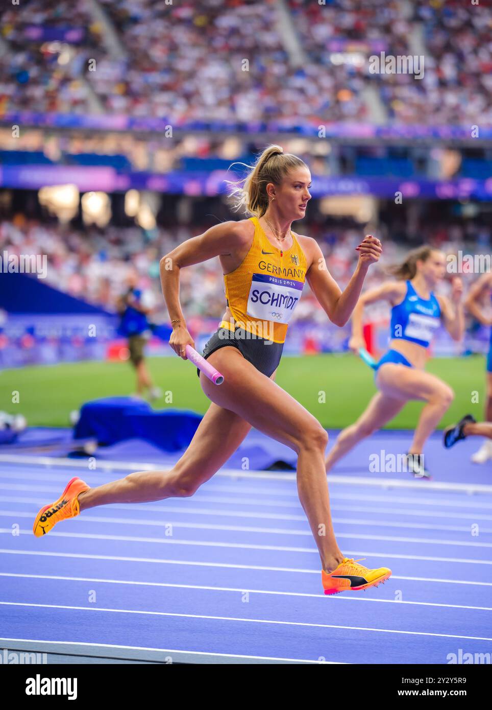 Alica Schmidt participating in the 4X400 meters relay at the Paris 2024 ...